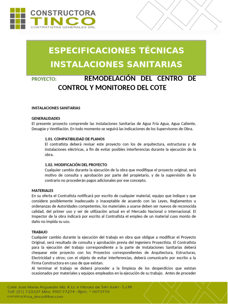Especificaciones Tecnicas - Instalaciones Sanitarias | PDF | Tap (Válvula) | Baño
