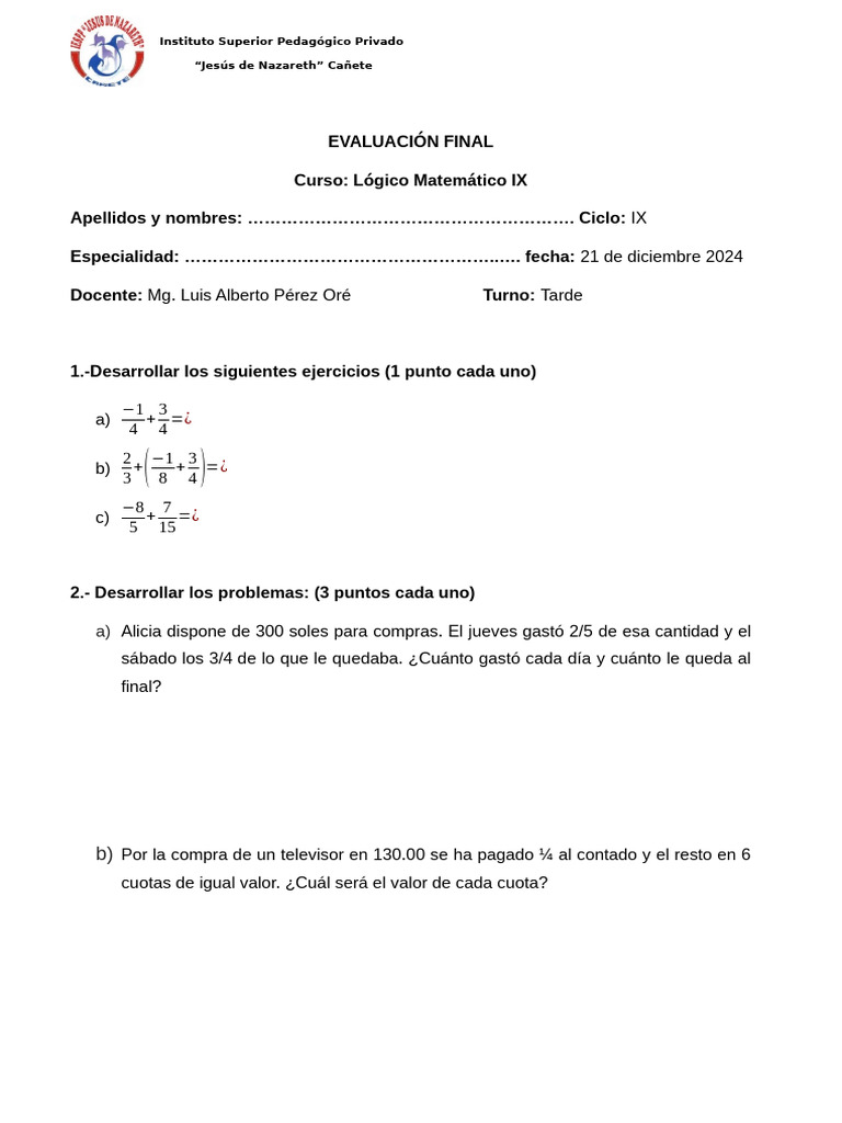 Log - Mat-Eval Final Ciclo Ix | PDF
