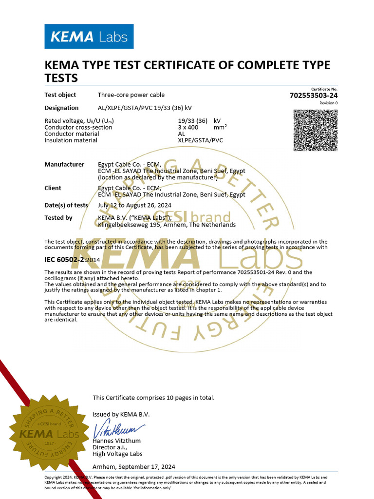Three Core International Type Test Certificate | PDF | Electromagnetism ...