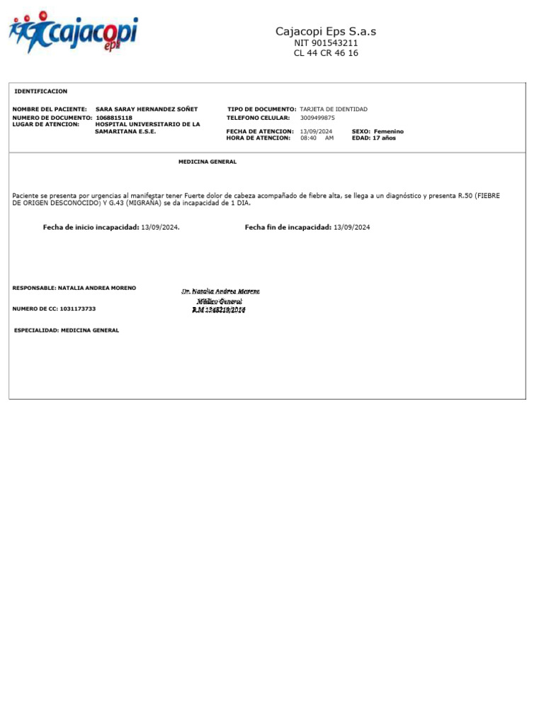 Cajacopi-1068815118-Fiebre-Dolor Cabeza | PDF