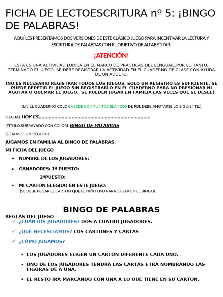 Ficha de Lectoescritura #5 Bingo | PDF