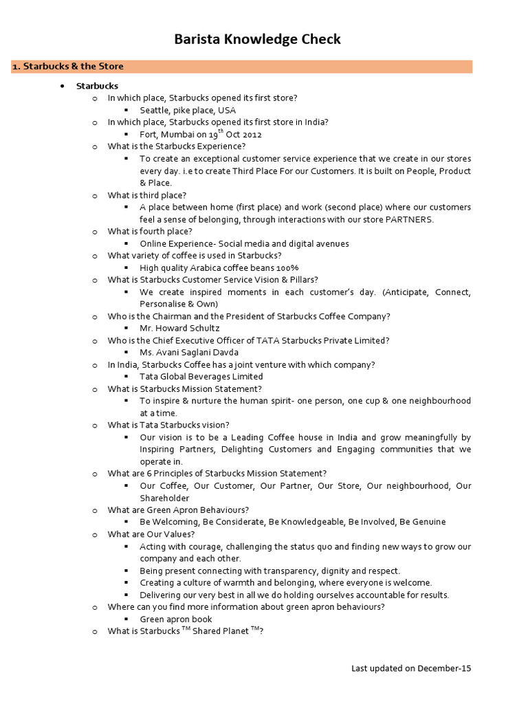 Barista Basic Knowledge With Answer - Dec'15-1 | PDF | Coffee | Drink