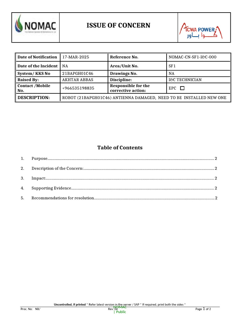 Nomac-cn-sf1-Robot 46 Antenna Damaged | PDF