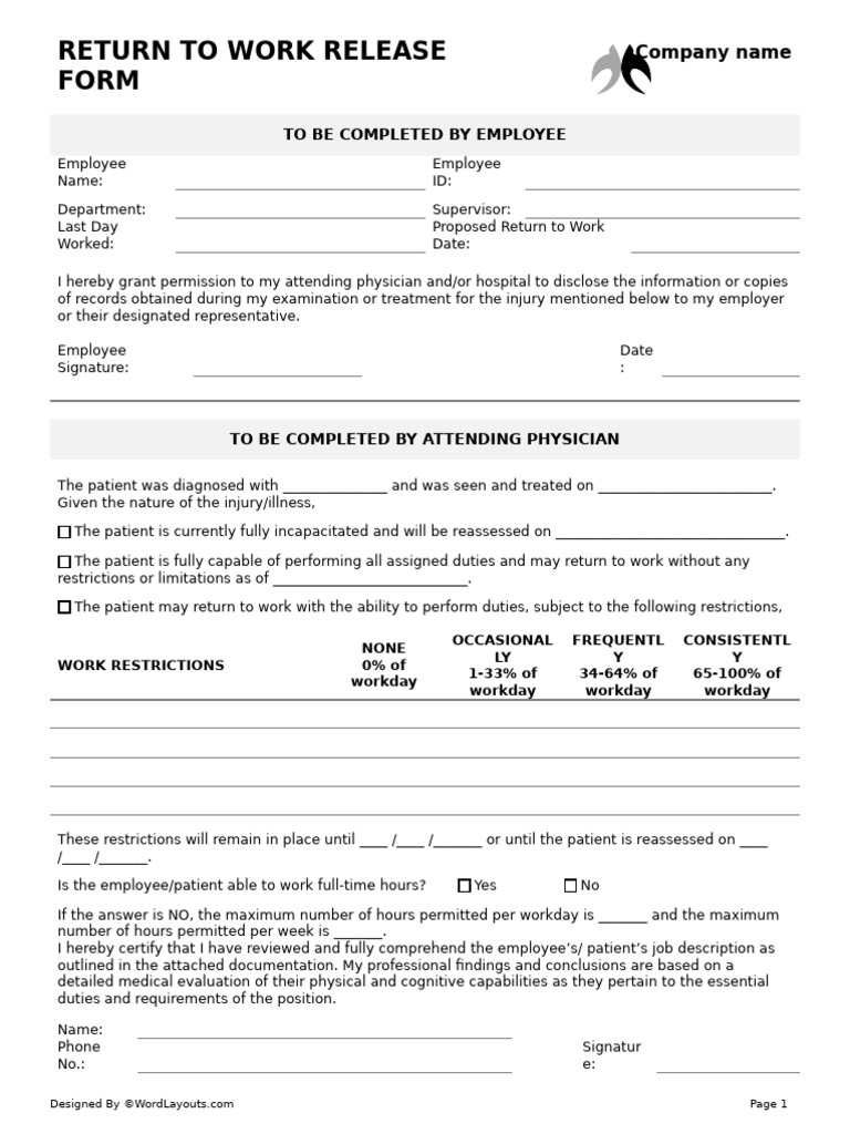 Return To Work Release Form-12-86eqry260 | PDF | Health Care