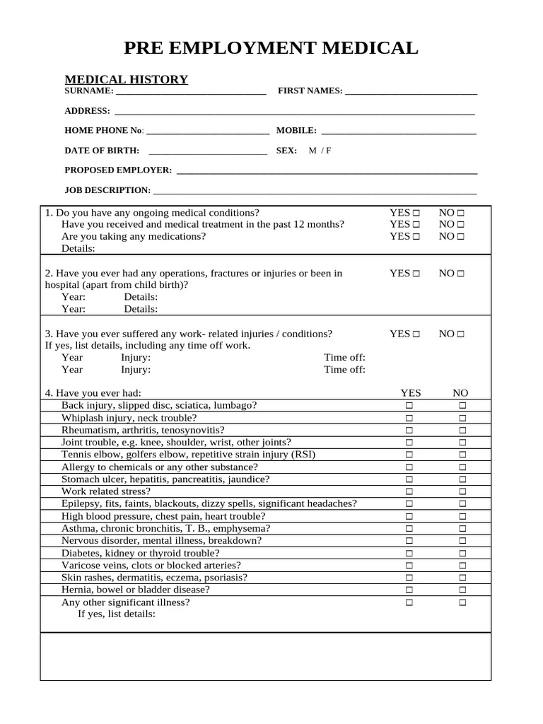 Pre-Employment Medical Assessment Form | PDF | Anatomical Terms Of ...