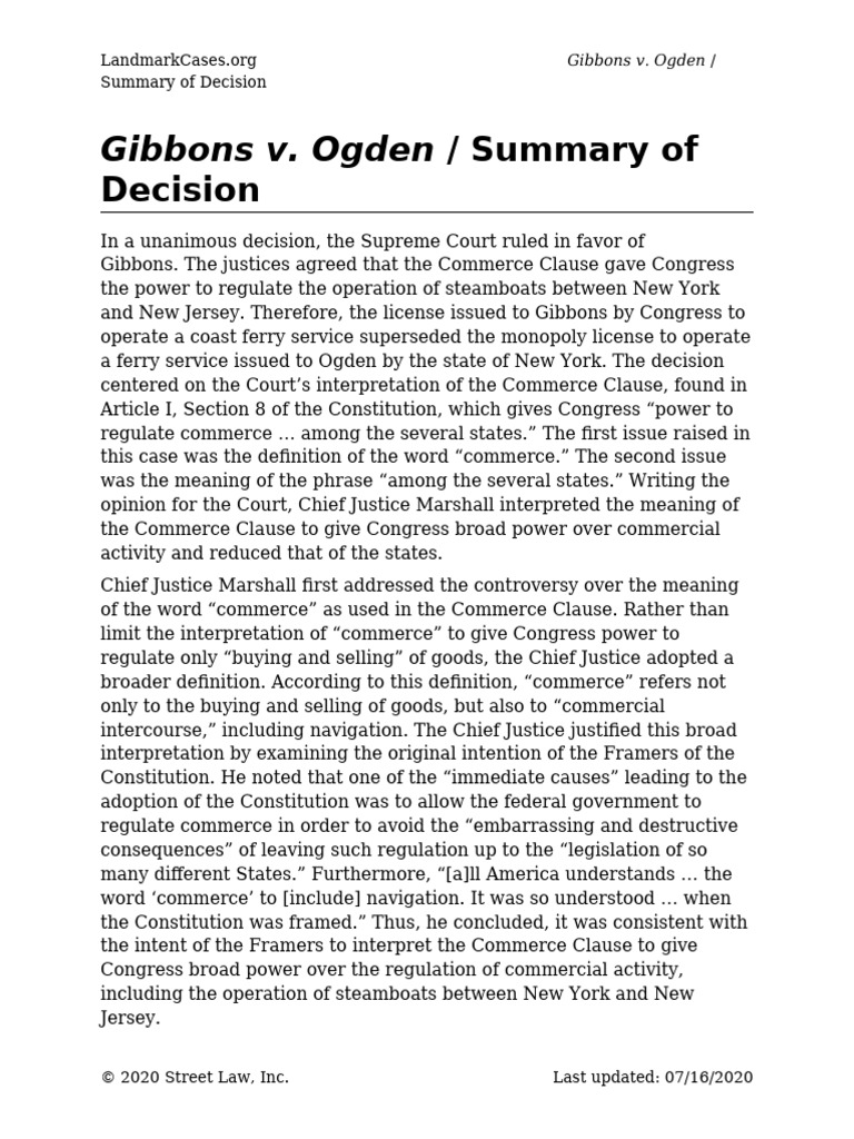 Gibbons v. Ogden: Commerce Clause Ruling | PDF | Commerce Clause ...