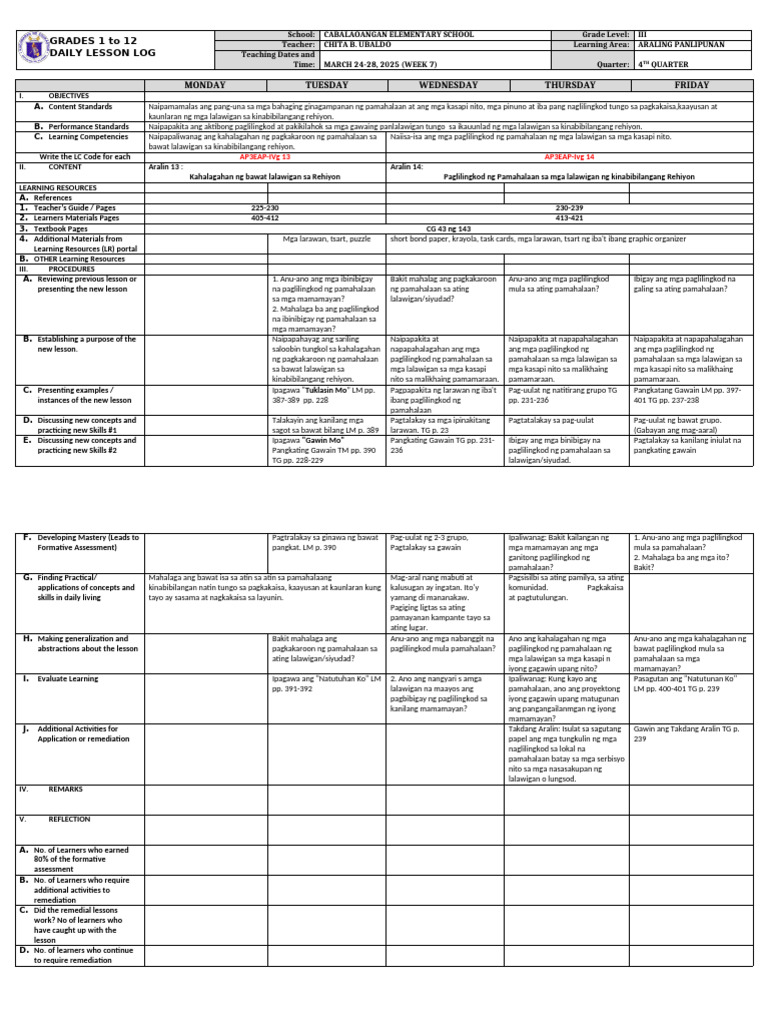 DLL Araling Panlipunan 3 q4 w7 | PDF