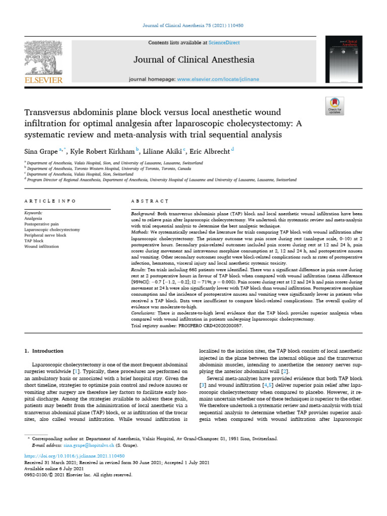 TAP Block vs. Wound Infiltration Analgesia | PDF | Anesthesia | Pain