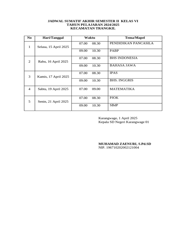 Jadwal Sas Ii & Psaj Kelas 6 2025 Karangwage 01 | PDF