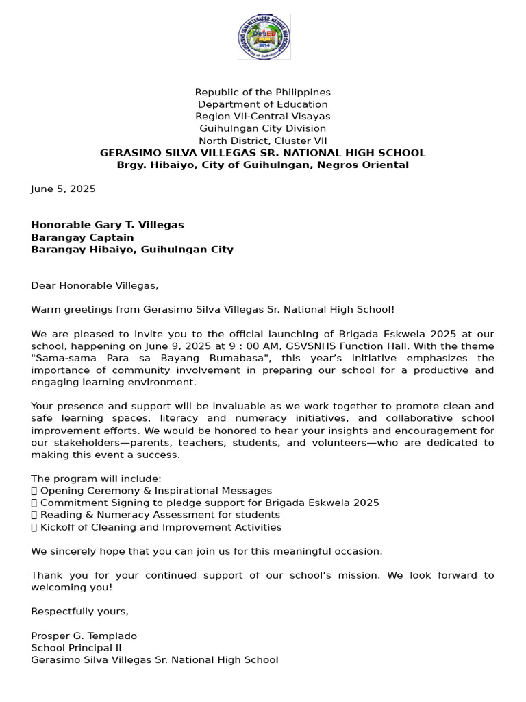Brigada Eskwela Letter - 102626 | PDF