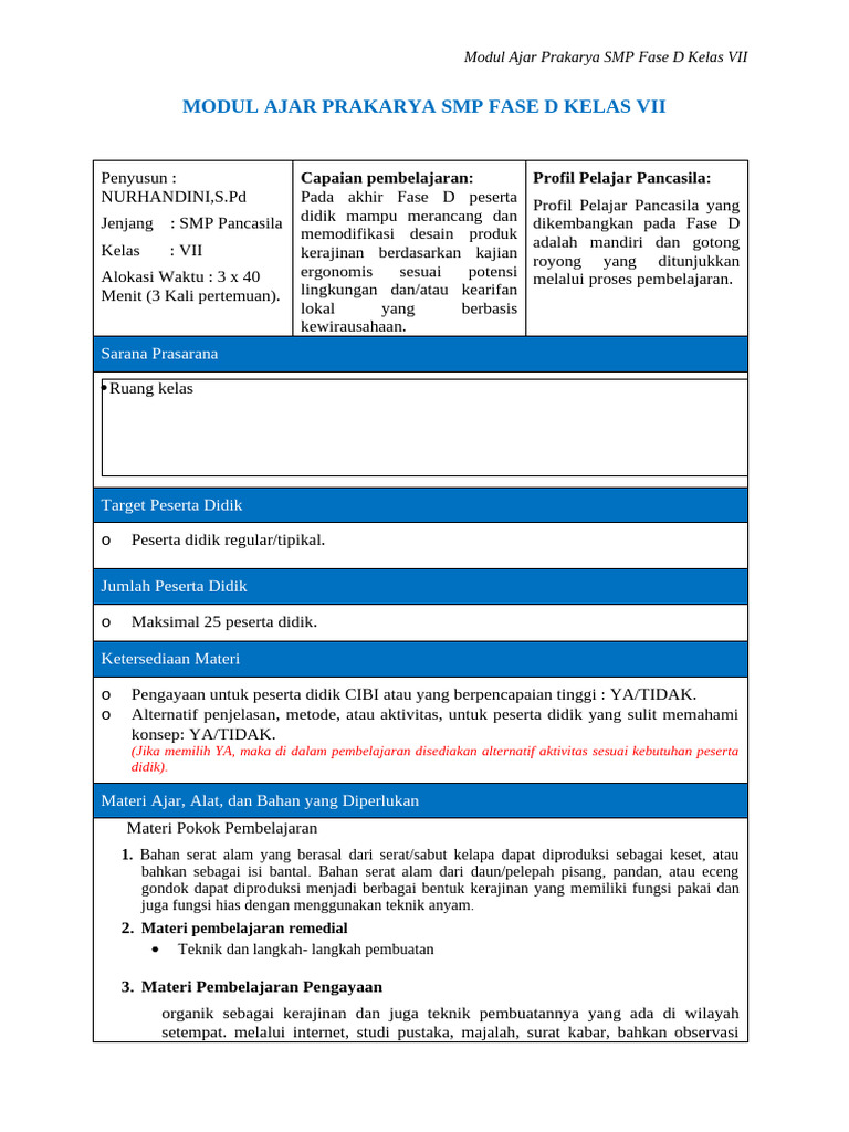 Modul Ajar Prakarya Kelas VII Semester 1 | PDF