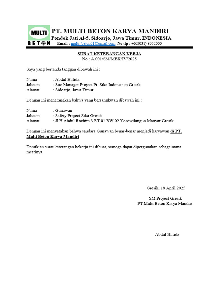 Contoh Dokumen Surat Keterangan Kerja | PDF