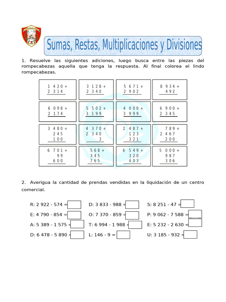 Practica de Sumas, Restas, Multi y Division | PDF
