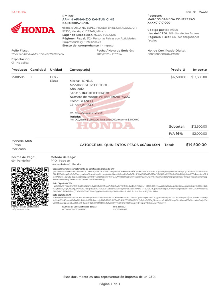 Honda Refa 051225 | PDF | Pagos | Impuestos