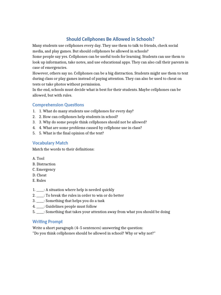 Should Cellphones Be Allowed in Schools Activity | PDF