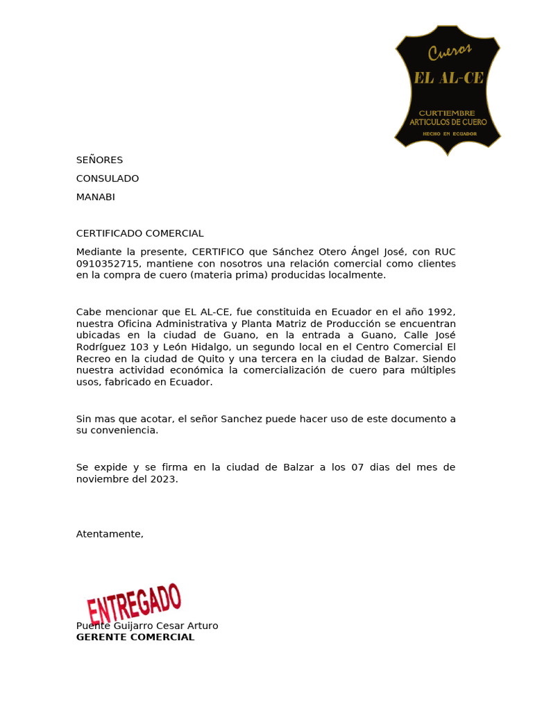 Certificado Comercial de Cueros El Al-Ce | PDF