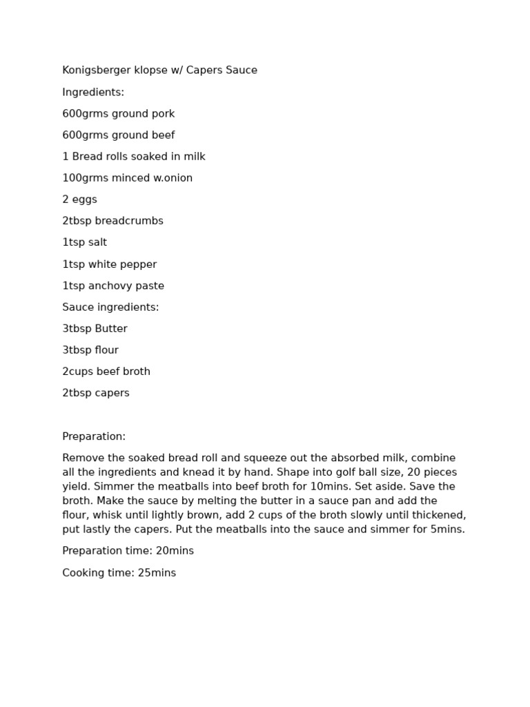 Konigsberger Klopse With Capers Sauce | PDF