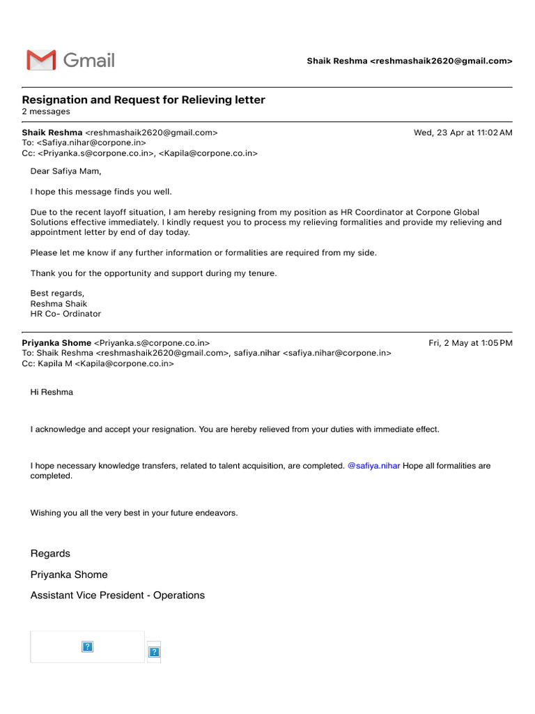 Resignation and Request for Relieving Letter | PDF