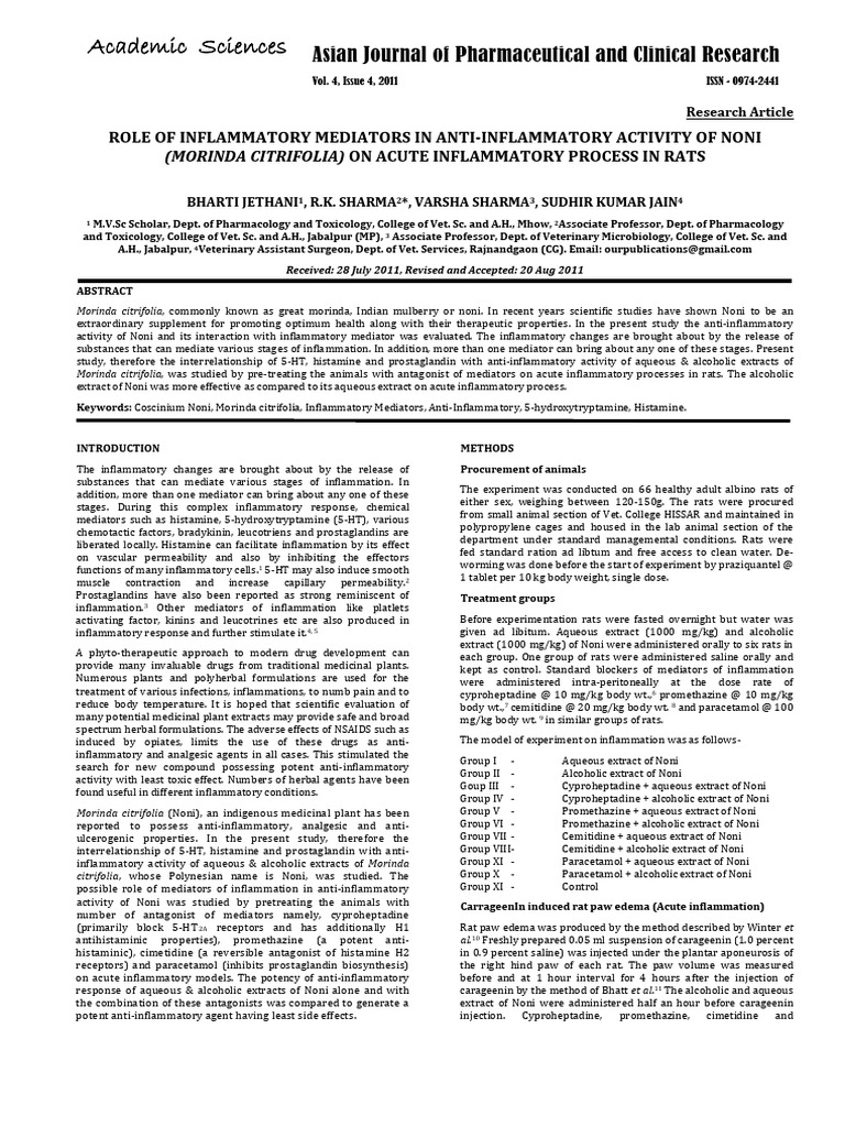 Role of Inflammatory Mediators in Anti-Inflammatory Activity of Noni | PDF | Inflammation | Anti ...