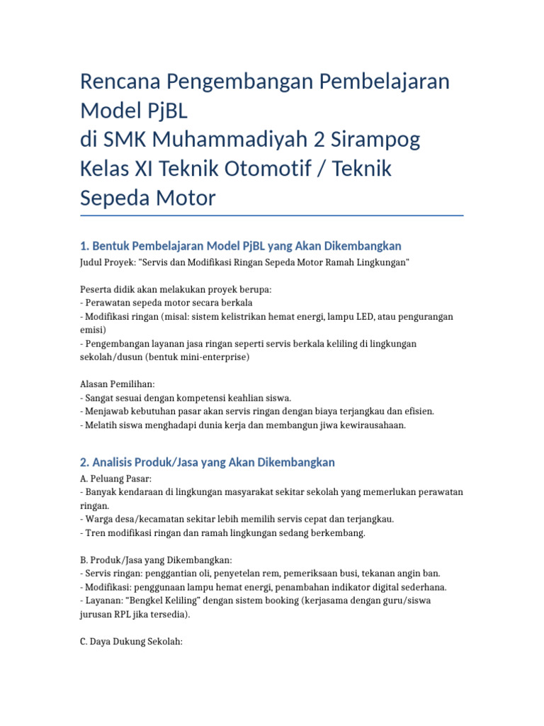 Rencana Pengembangan PJBL TSM Sirampog | PDF