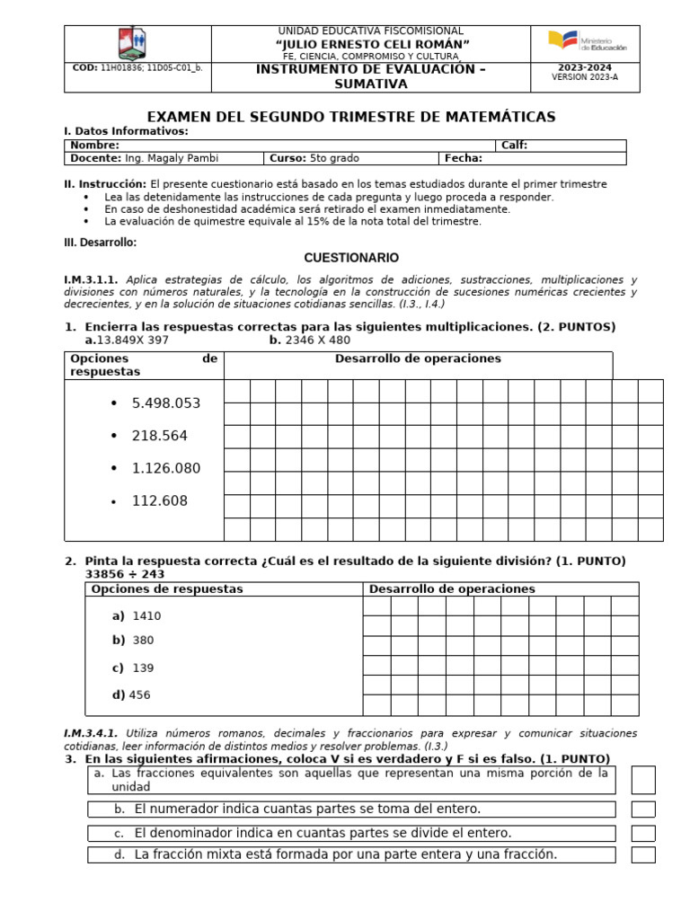 Et 6to Mat 2tri 23-24 | PDF | Matemáticas | Números