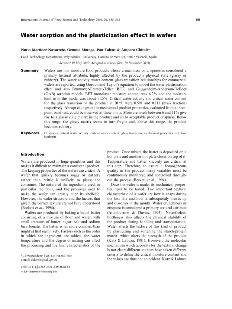 Water Sorption and The Plasticization Effect in Wafers | PDF ...