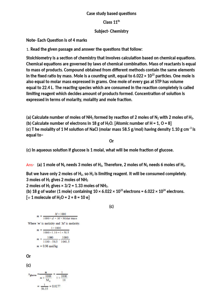 Class 11 Chemistry Case Study Questions | PDF | Mole (Unit) | Stoichiometry