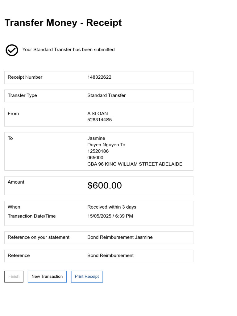 Standard Transfer Receipt 148322622 | PDF
