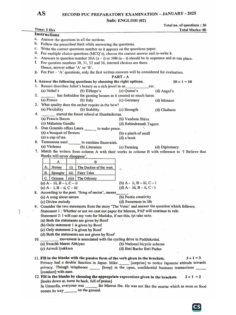 Ii Puc Bengaluru South Preparatory English QP | PDF