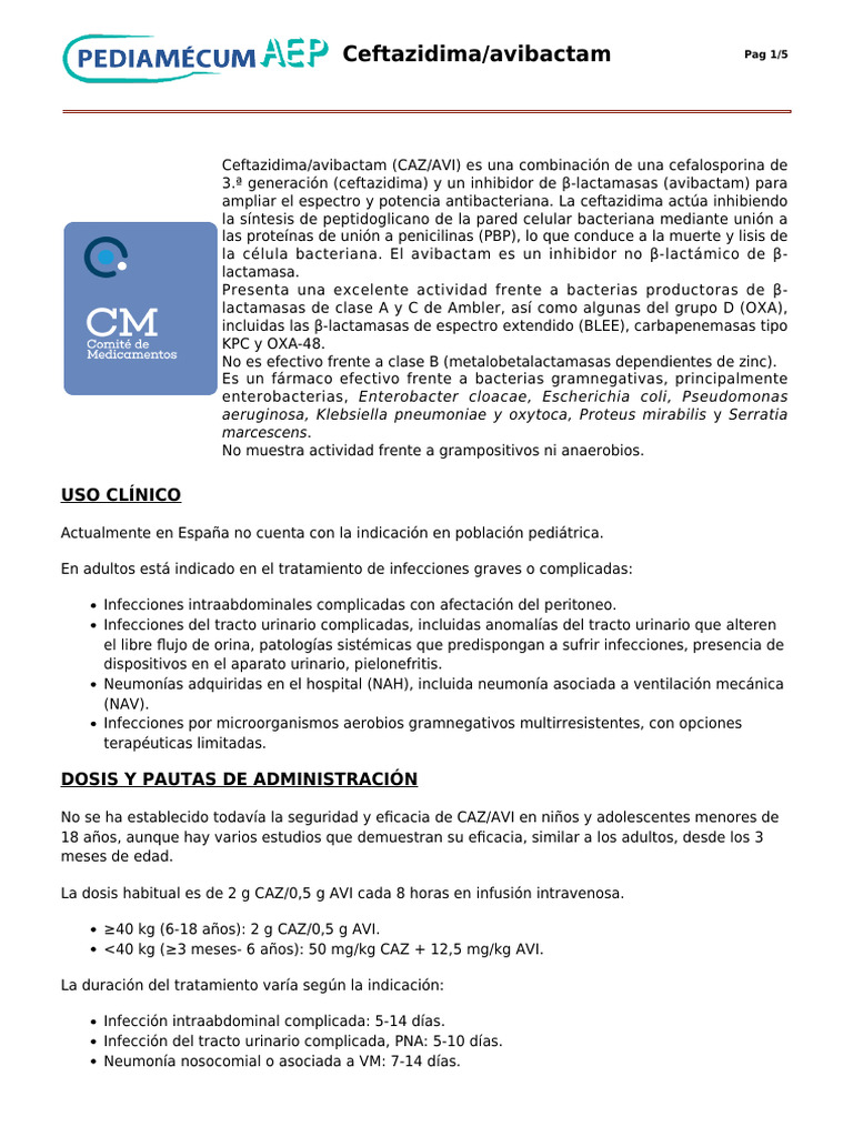 Ceftazidima/Avibactam: Dosis y Usos Clínicos | PDF | Microbiología