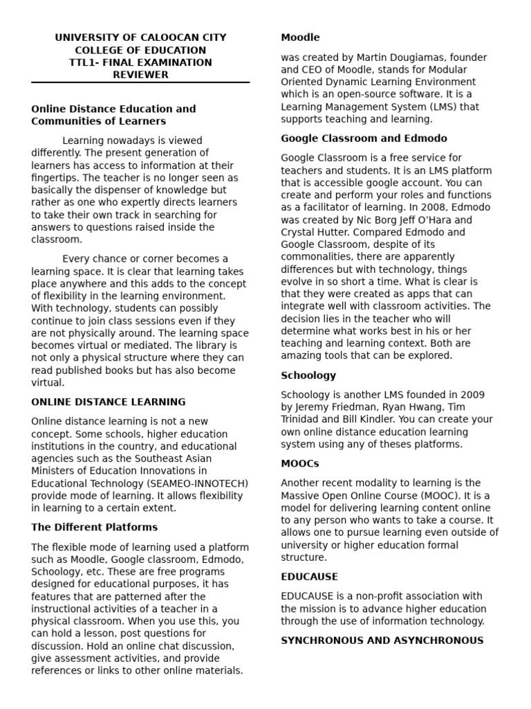 TTL1 Final Examination Reviewer | PDF | Educational Technology | Pedagogy