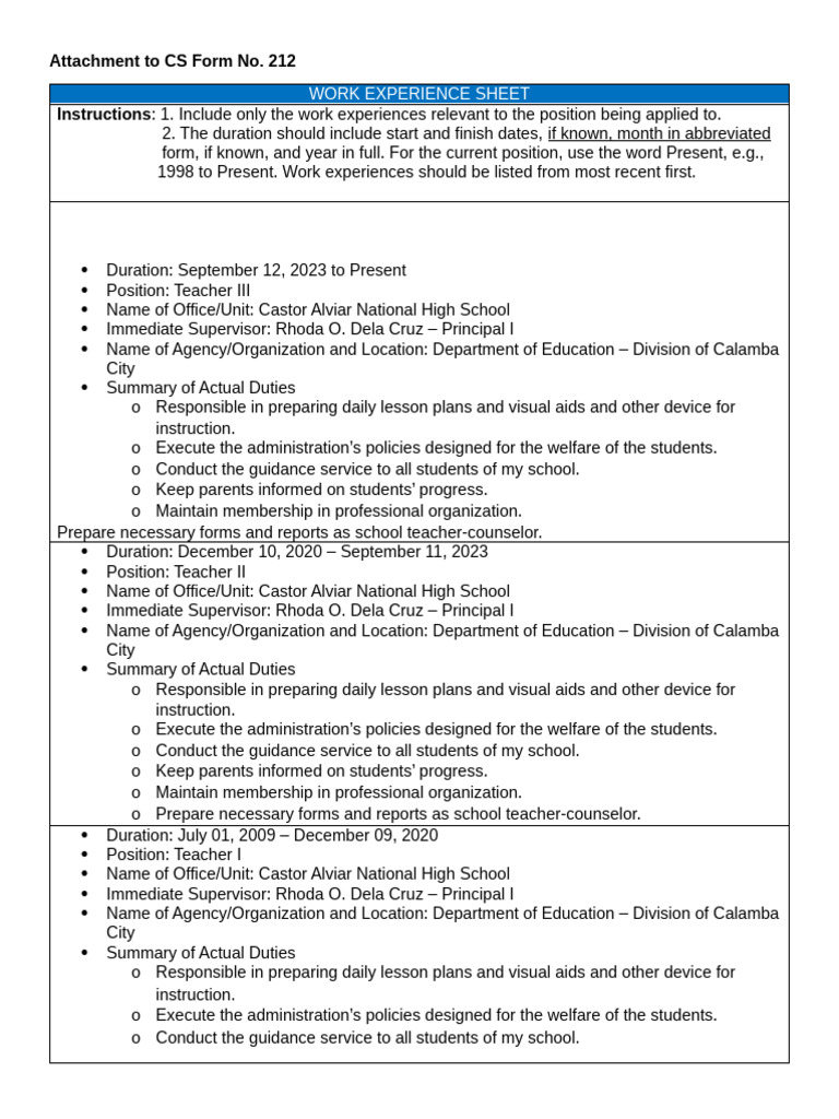Teacher Work Experience Sheet | PDF | Learning