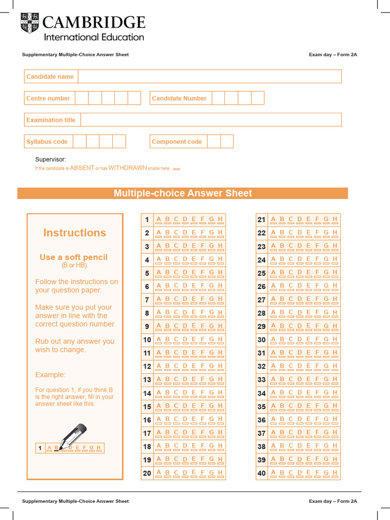 Supplementary Multiple Choice Answer Sheet Exam Day Form 2a | PDF