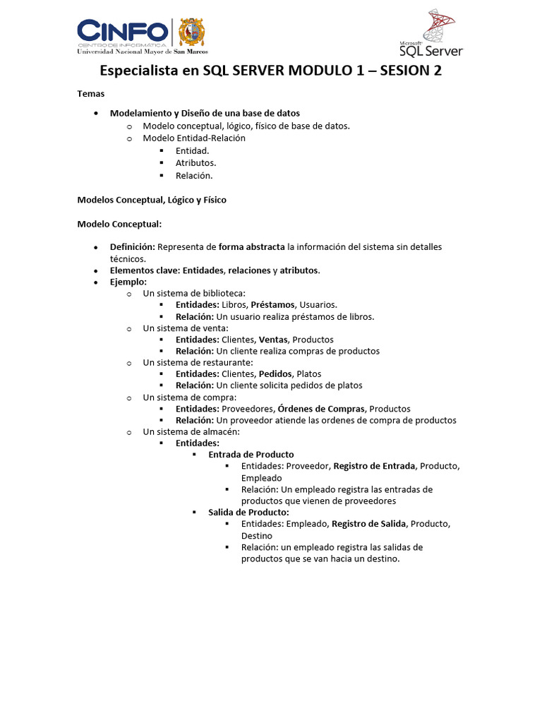 SQL Server - Sesion 2 | PDF | Modelo conceptual | Informática