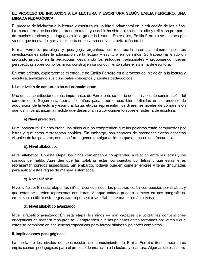 El Proceso de Iniciación A La Lectura y Escritura Según Emilia Ferreiro ...