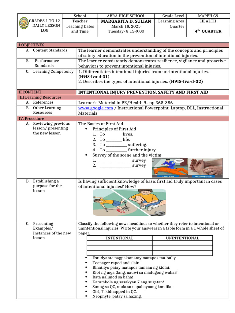 Intentional Injury Prevention Lesson Plan | PDF | Learning | Violence