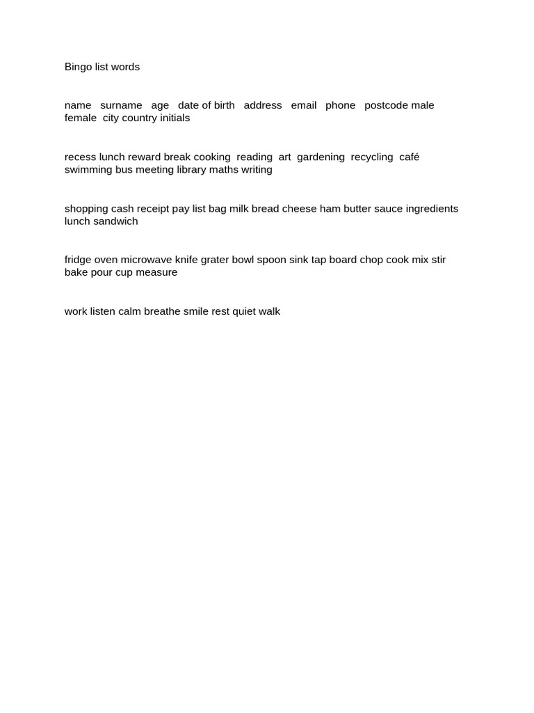 Bingo Word List for Various Categories | PDF