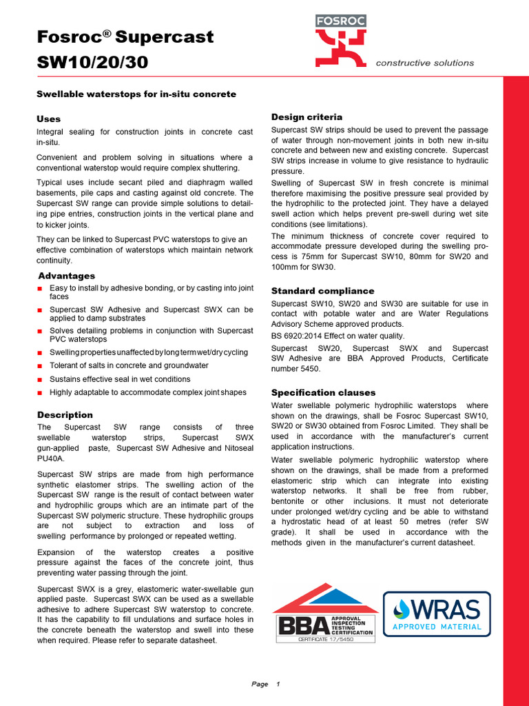 TDS - Fosroc® Supercast SW10-20-30 - ASIA | PDF | Concrete | Water