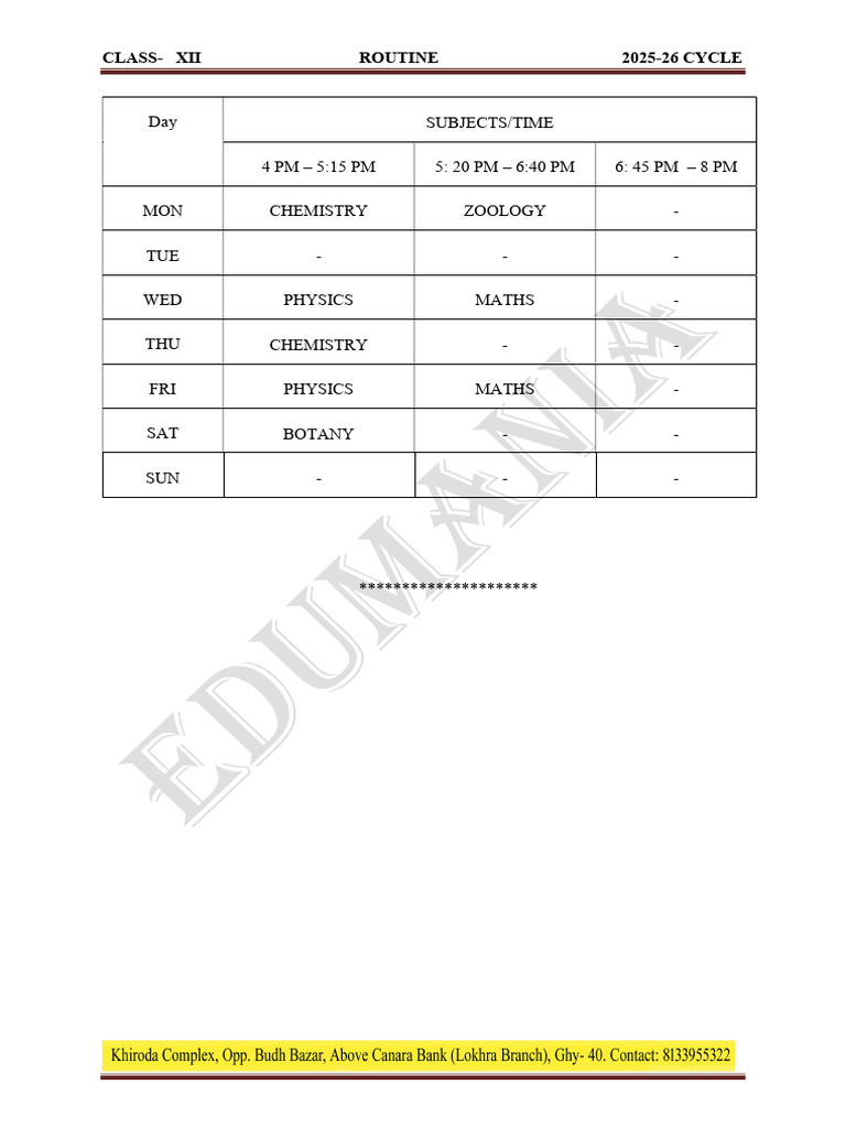 Class 12 Science Routine 2025 26 | PDF