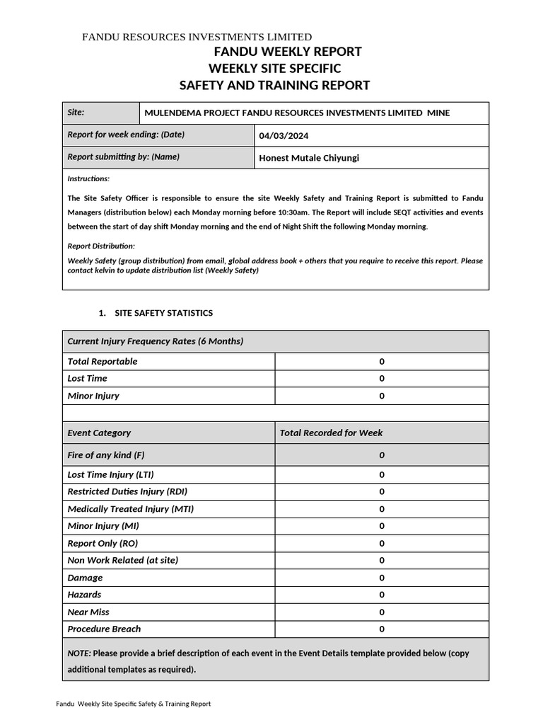 Fandu - Weekly Safety & Training Report - 03-2024 | PDF | Safety | Hazards