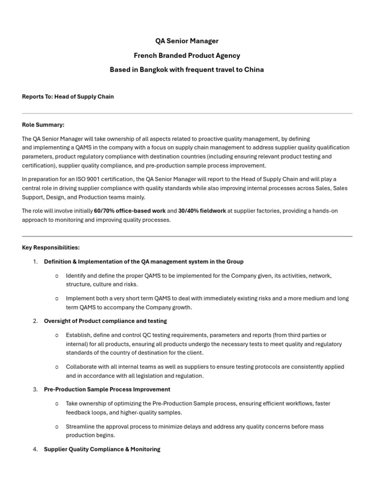 JD - QA Manager - Thailand - External | PDF | Quality Assurance | Regulatory Compliance