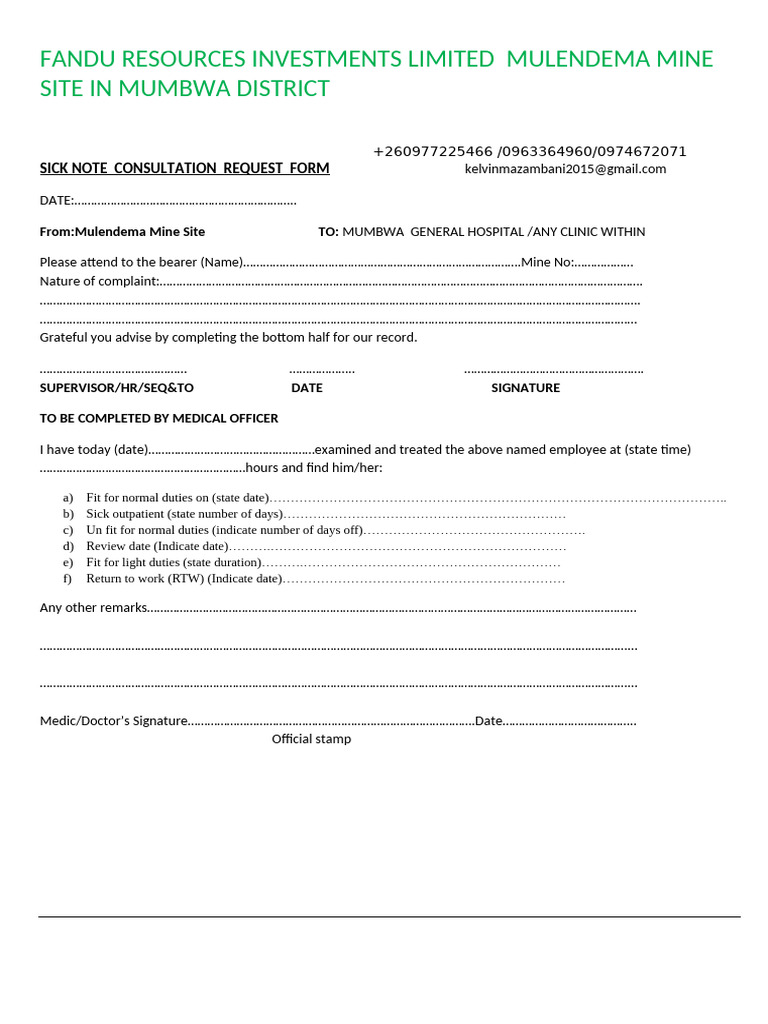 Sick Note - Mumbwa General Hospital | PDF