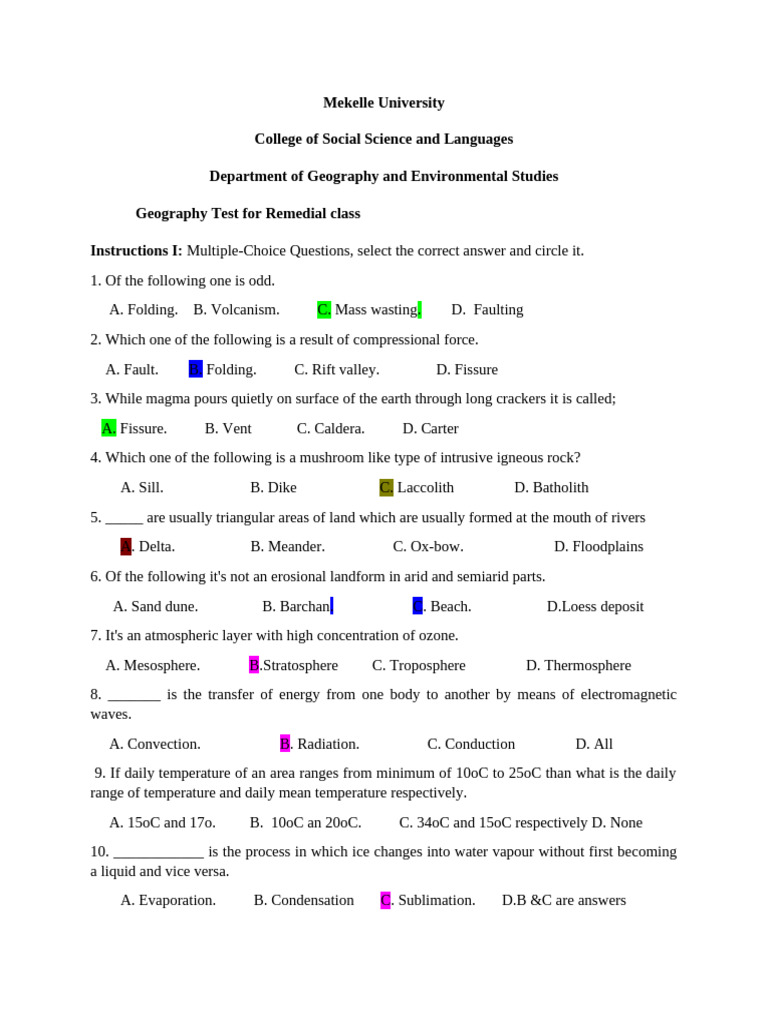 Geography Exam For Remedial Class (Only From Chapter 3) | PDF | Rain ...