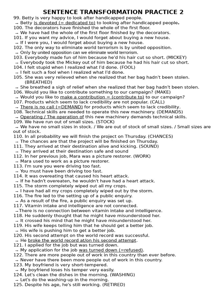 Sentence Transformation Practice 2 | PDF