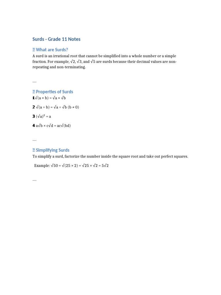 Grade 11 Surds: Properties & Examples | PDF