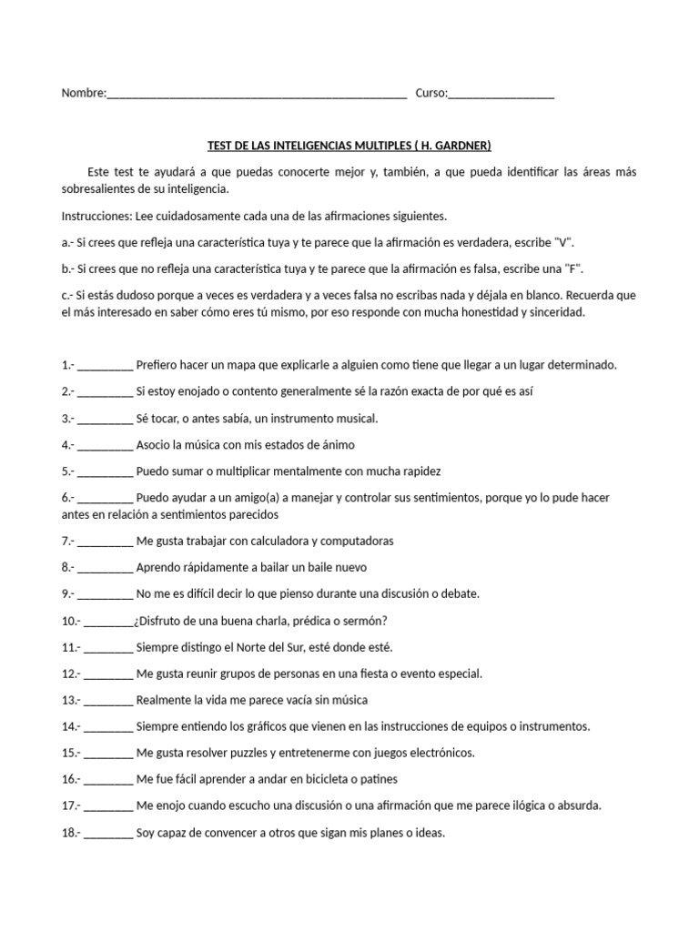 Test de Inteligencias Múltiples de Gardner | PDF