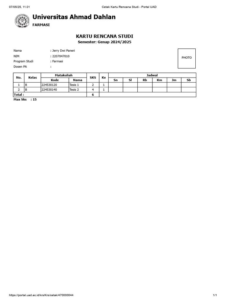 Cetak Kartu Rencana Studi - Portal UAD | PDF