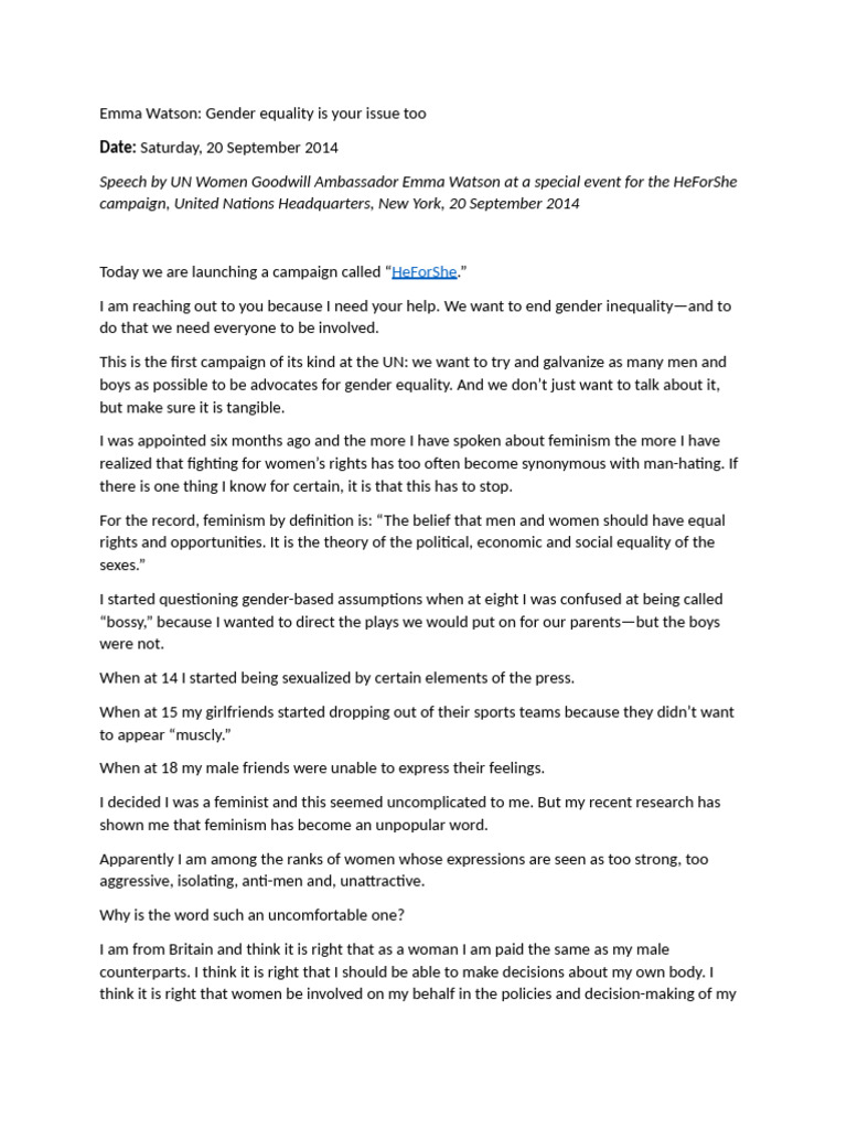 Emma Watson Speech Transcript | PDF | Gender Studies | Feminism