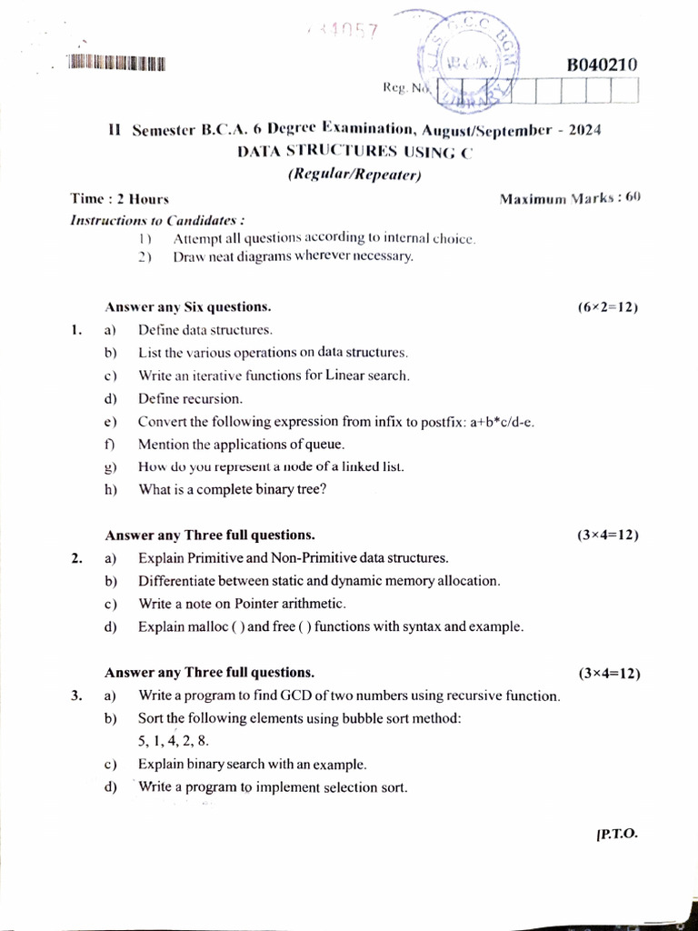 2nd Sem B.C.a August-September 2024 DATA STRUCTURE USING C (Regular - Repeater) | PDF ...