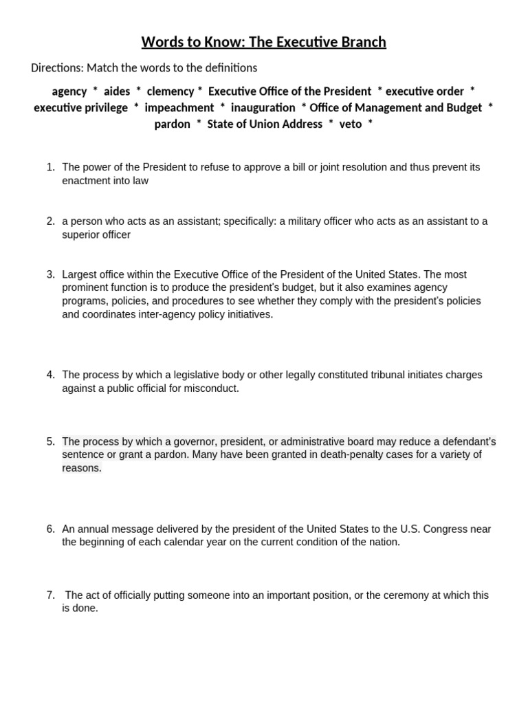 Key Terms of the Executive Branch | PDF | Presidents Of The United ...